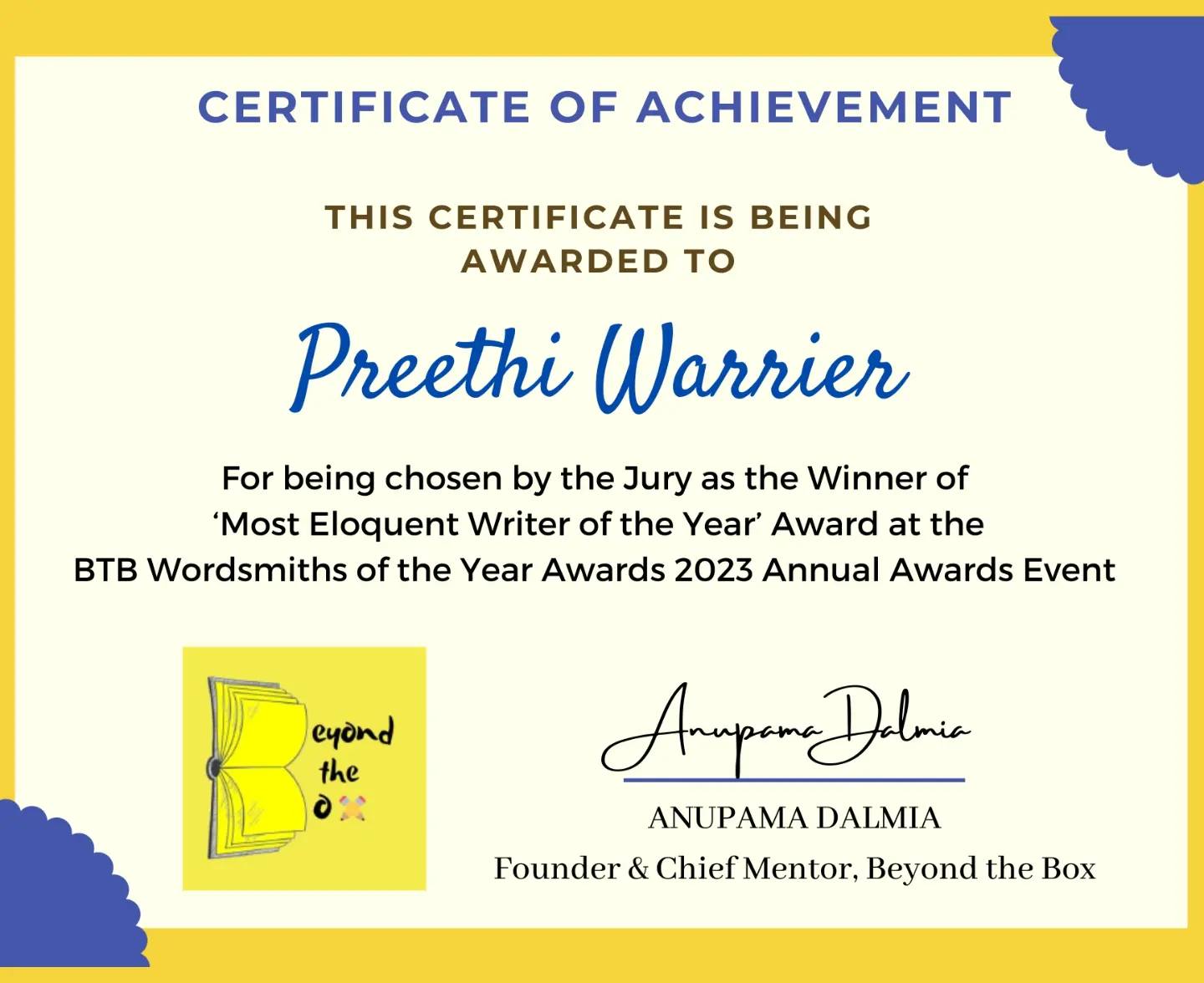 BTB Wordsmith 'Most Eloquent Writer of 2023' Award. - Preethi Warrier